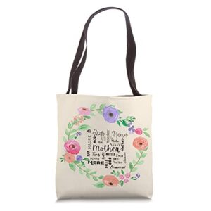 international mom world translations multi languages black tote bag