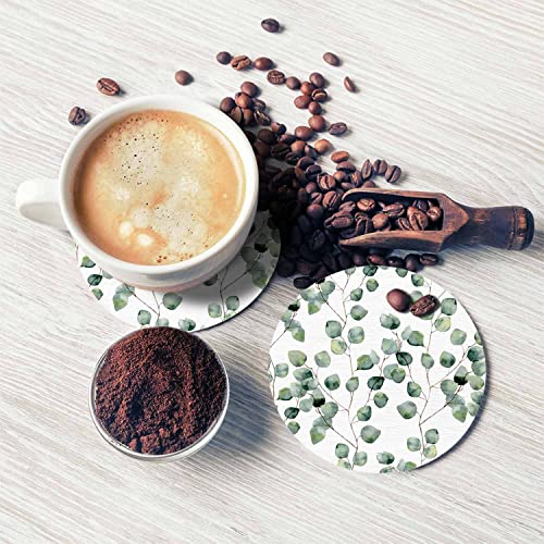 Pznen Eucalyptus Round Leaf Coasters Set for Wood Table Green Branches and Leaves Twig Natural Plant Foliage Tabletop Protection Mat for Mugs and Cups 4 Inch for Kitchen Office Home