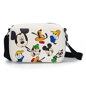 disney bag, cross body, rectangle, disney mickey and friends fab four expressions all over, white, vegan leather