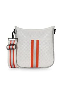 haute shore – jeri crush crossbody tote, white coated w/orange & silver stripe