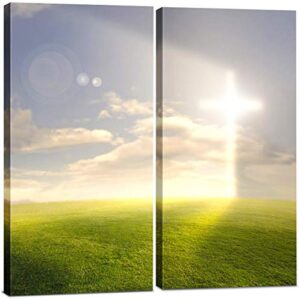 christian wall art cross decor – religious cross / light of god canvas art 2 piece set – decorative split artwork picture, spiritual christian decor print for home, living room, bedroom, office & gift