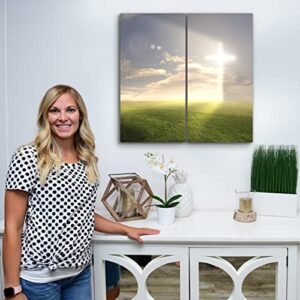 Christian Wall Art Cross Decor - Religious Cross / Light of God Canvas Art 2 Piece Set - Decorative Split Artwork Picture, Spiritual Christian Decor Print for Home, Living Room, Bedroom, Office & Gift