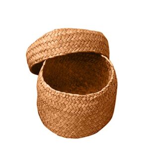 mini seagrass storage baskets with lid, hand-woven straw round storage box desktop storage basket-handmade straw storage basket woven basket wicker rattan planter pot flower storage container