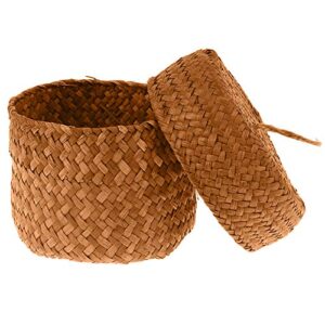 Mini Seagrass Storage Baskets with Lid, Hand-Woven Straw Round Storage Box Desktop Storage Basket-Handmade Straw Storage Basket Woven Basket Wicker Rattan Planter Pot Flower Storage Container