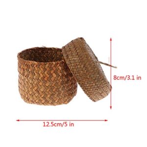 Mini Seagrass Storage Baskets with Lid, Hand-Woven Straw Round Storage Box Desktop Storage Basket-Handmade Straw Storage Basket Woven Basket Wicker Rattan Planter Pot Flower Storage Container