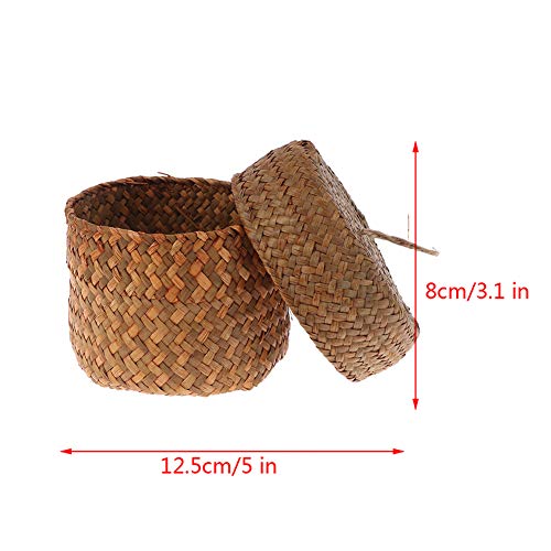 Mini Seagrass Storage Baskets with Lid, Hand-Woven Straw Round Storage Box Desktop Storage Basket-Handmade Straw Storage Basket Woven Basket Wicker Rattan Planter Pot Flower Storage Container