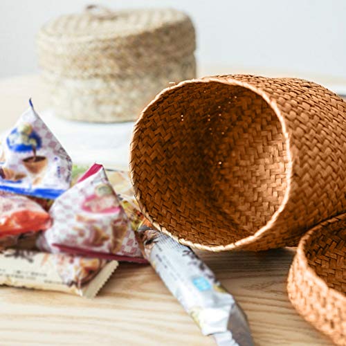 Mini Seagrass Storage Baskets with Lid, Hand-Woven Straw Round Storage Box Desktop Storage Basket-Handmade Straw Storage Basket Woven Basket Wicker Rattan Planter Pot Flower Storage Container