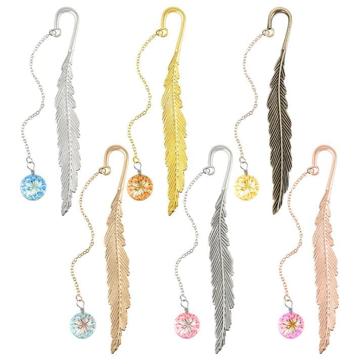 6 Pack Metal Feather Bookmark Charming Beaded Pendant with Dried Flower Specimens Inside Book Marker for Women