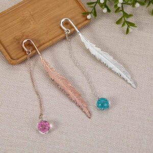 6 Pack Metal Feather Bookmark Charming Beaded Pendant with Dried Flower Specimens Inside Book Marker for Women