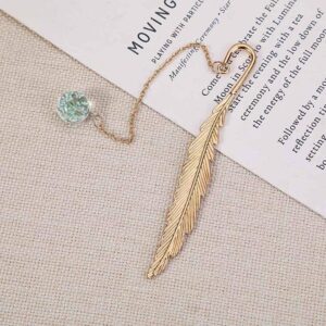 6 Pack Metal Feather Bookmark Charming Beaded Pendant with Dried Flower Specimens Inside Book Marker for Women