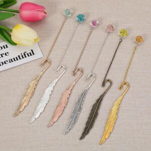 6 Pack Metal Feather Bookmark Charming Beaded Pendant with Dried Flower Specimens Inside Book Marker for Women