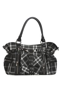 rise up handcuff goth punk rock black and white plaid tartan tote crossbody bag women’s purse