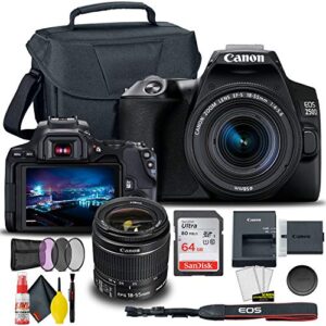 canon eos 250d / rebel sl3 dslr camera with 18-55mm lens (black), creative filter set, eos camera bag, sandisk ultra 64gb card, 6ave electronics cleaning set, and more (renewed)