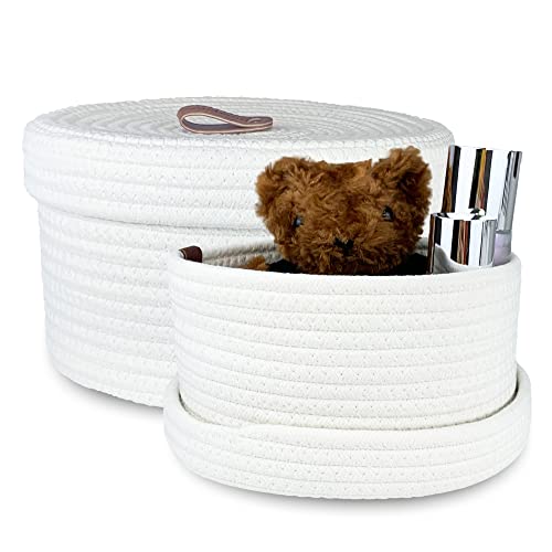 Aplolemo Round Cotton Rope Storage Basket with Lid,Decorative Woven Storage Bin,Organizer Box Container for Snacks Towels Plants, Leather Design Lidded Round Basket-Set of 2(11"x6"/9"x5")-White