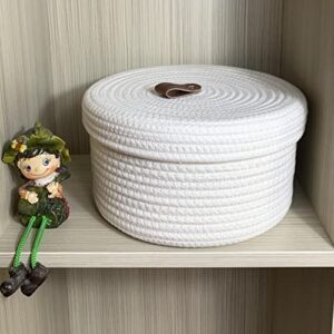 Aplolemo Round Cotton Rope Storage Basket with Lid,Decorative Woven Storage Bin,Organizer Box Container for Snacks Towels Plants, Leather Design Lidded Round Basket-Set of 2(11"x6"/9"x5")-White