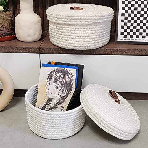 Aplolemo Round Cotton Rope Storage Basket with Lid,Decorative Woven Storage Bin,Organizer Box Container for Snacks Towels Plants, Leather Design Lidded Round Basket-Set of 2(11"x6"/9"x5")-White