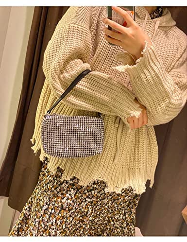 Allsolvable Rhinestone Crossbody Bags Women Blingbling Sparkle Clutch Purse Crystal Clutch Shoulder Handbags Silver