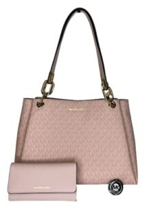 michael michael kors trisha large triple gusset shoulder tote bundled with large trifold wallet and michael kors purse hook (signature mk dk powder blush)