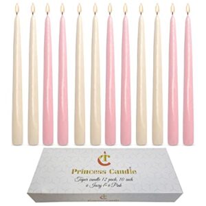 princess 12 pack tall taper candles – 10 inch 6 ivory, 6 pink dripless, unscented tapered candle – paraffin wax with cotton wicks – 7.5 hour burning time