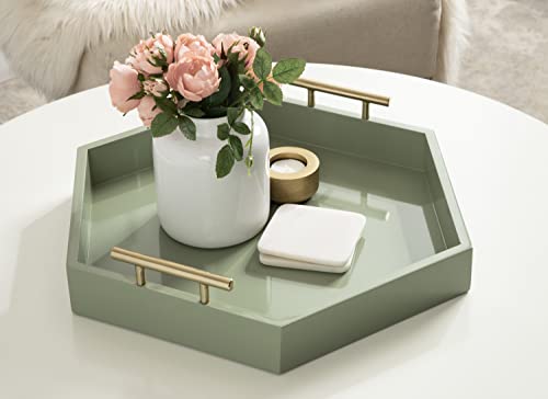 Kate and Laurel Lipton Modern Hexagon Tray, 18 x 18, Sage Green with Gold Handles, Midcentury Decorative Serving Tray for Storage and Display in Living Room Decor Scheme