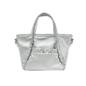 olivia & kate women’s vegan leather silver satchel bag with dual top handles and removable chain strap