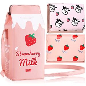 3 pieces kawaii strawberry milk box cross body purse bag cute cow strawberry print tri folded purse pocket phone wallet shoulder bags id card holder fruit novelty purse pink girl purse shoulder bags