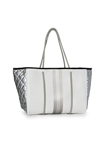 Haute Shore - Greyson Vapor Neoprene Tote Bag w/Zipper Wristlet Inside, White Coated W/Silver & Rosegold Stripe, One_Size