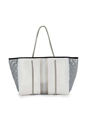 Haute Shore - Greyson Vapor Neoprene Tote Bag w/Zipper Wristlet Inside, White Coated W/Silver & Rosegold Stripe, One_Size