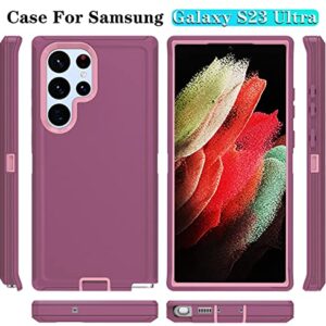 Qinmay for Samsung Galaxy S23 Ultra Case with Lens Camera Protector, Samsung S23 Ultra Case 3-Layer Heavy Duty Body Bumper and Dust Proof Cover for Samsung Galaxy S23 Ultra 5G (WineRed Pink)