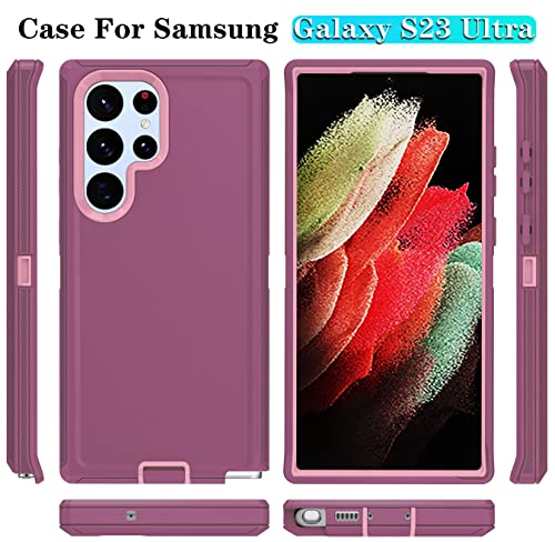 Qinmay for Samsung Galaxy S23 Ultra Case with Lens Camera Protector, Samsung S23 Ultra Case 3-Layer Heavy Duty Body Bumper and Dust Proof Cover for Samsung Galaxy S23 Ultra 5G (WineRed Pink)