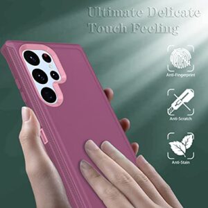 Qinmay for Samsung Galaxy S23 Ultra Case with Lens Camera Protector, Samsung S23 Ultra Case 3-Layer Heavy Duty Body Bumper and Dust Proof Cover for Samsung Galaxy S23 Ultra 5G (WineRed Pink)