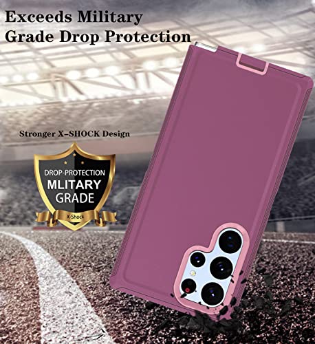 Qinmay for Samsung Galaxy S23 Ultra Case with Lens Camera Protector, Samsung S23 Ultra Case 3-Layer Heavy Duty Body Bumper and Dust Proof Cover for Samsung Galaxy S23 Ultra 5G (WineRed Pink)