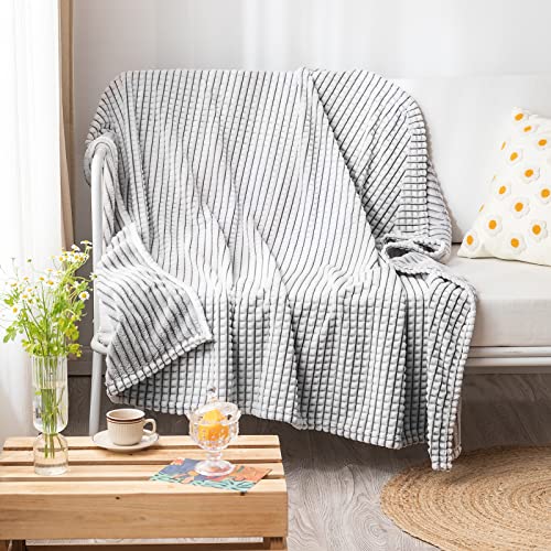 LOMAO Flannel Blanket Throw Blanket Soft Warm Fleece Blanket Lightweight Blanket with Grid Pattern for Couch Sofa Bed Chair Home Decor (Grey+Flannel, 51"x63")