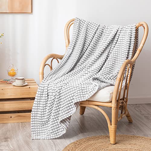 LOMAO Flannel Blanket Throw Blanket Soft Warm Fleece Blanket Lightweight Blanket with Grid Pattern for Couch Sofa Bed Chair Home Decor (Grey+Flannel, 51"x63")