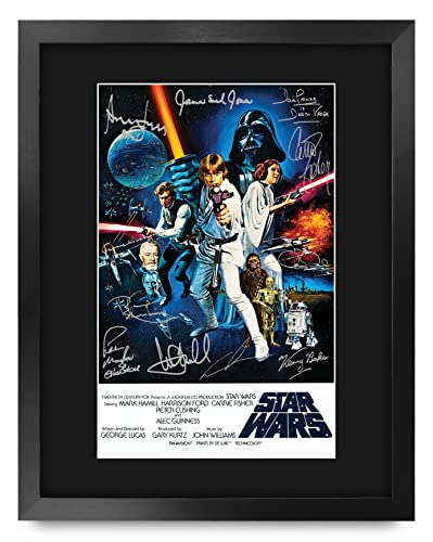 HWC Trading Framed 11" x 14" Print - Star Wars a New Hope Movie Poster Cast Signed Gift Mounted Printed Autograph Film Mark Hamill Harrison Ford Carrie Fisher Alec Guinness George Lucas Gifts Photo Picture Display