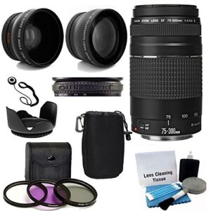 canon ef 75-300mm f/4-5.6 iii telephoto zoom lens with 2x telephoto lens, hd wide angle lens and accessories (8 piece kit)