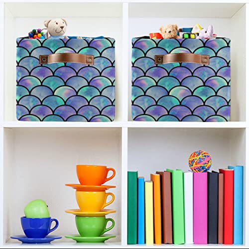 xigua Rainbow Scales Mermaid Storage Basket Collapsible Toy Storage Bins Waterproof Canvas Storage Basket with Leather Handles for Home Closets Offices,Bedrooms,Kids Toy and Gift Baskets,2PCS