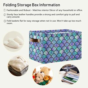 xigua Rainbow Scales Mermaid Storage Basket Collapsible Toy Storage Bins Waterproof Canvas Storage Basket with Leather Handles for Home Closets Offices,Bedrooms,Kids Toy and Gift Baskets,2PCS