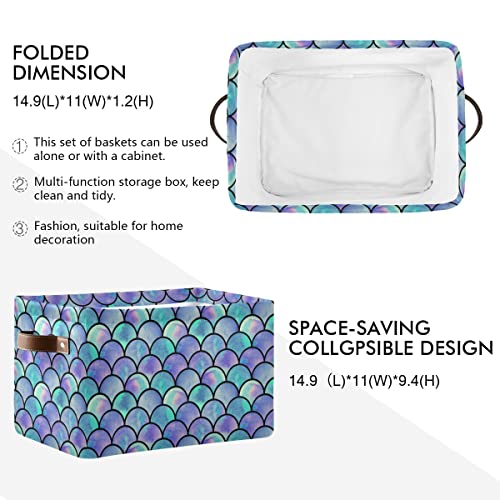 xigua Rainbow Scales Mermaid Storage Basket Collapsible Toy Storage Bins Waterproof Canvas Storage Basket with Leather Handles for Home Closets Offices,Bedrooms,Kids Toy and Gift Baskets,2PCS