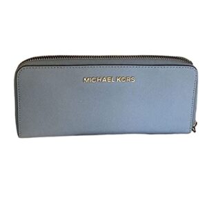 michael kors jet set travel continental zip around leather wallet wristlet (pale blue)