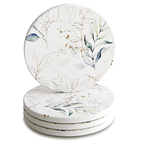 RoomTalks Green and Gold Plant Leaf Drink Coasters Set of 4, Cute Spring Leaves Floral Ceramic Absorbent Cup Coasters for Wooden / Coffee Table with Cork Base, Tabletop Protection, Housewarming Gifts