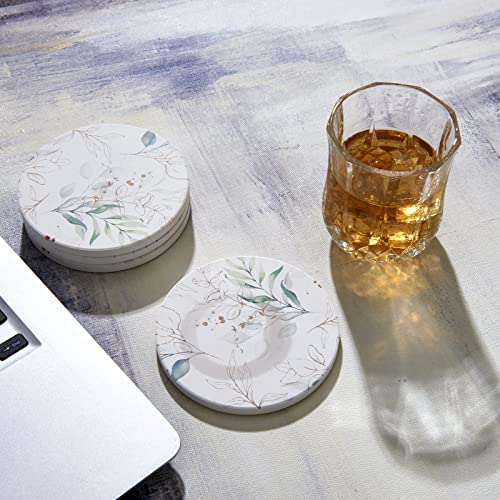 RoomTalks Green and Gold Plant Leaf Drink Coasters Set of 4, Cute Spring Leaves Floral Ceramic Absorbent Cup Coasters for Wooden / Coffee Table with Cork Base, Tabletop Protection, Housewarming Gifts