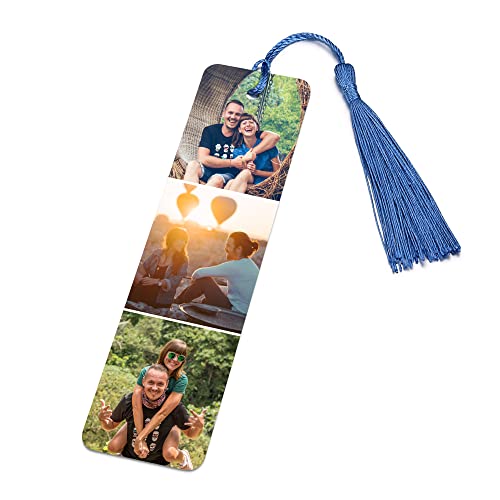 PiercingJ Personalized Metal Bookmark Custom Photo Book Mark with Blue Tassel for Book Worms Birthdays Christmas Valentine's Day Gift