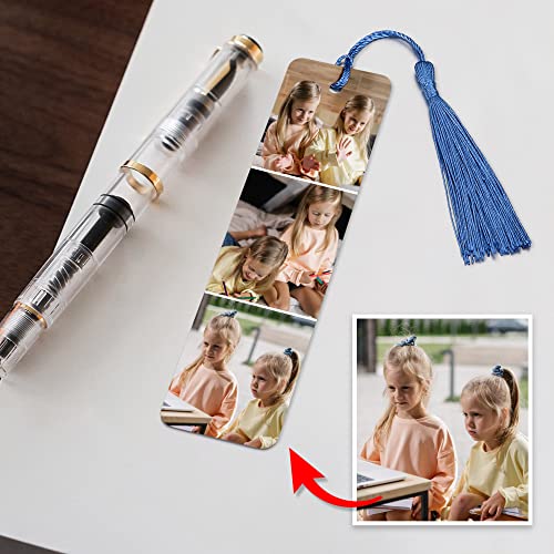 PiercingJ Personalized Metal Bookmark Custom Photo Book Mark with Blue Tassel for Book Worms Birthdays Christmas Valentine's Day Gift