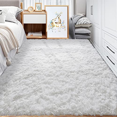 Area Rugs for Living Room Bedroom: 4x6 Feet White Super Soft Fluffy Shag Plush Rugs Carpet for Kids Girls Boys Nursery Playroom Dorm Room Teen Room Decor