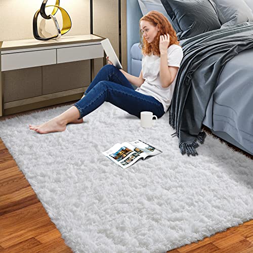 Area Rugs for Living Room Bedroom: 4x6 Feet White Super Soft Fluffy Shag Plush Rugs Carpet for Kids Girls Boys Nursery Playroom Dorm Room Teen Room Decor