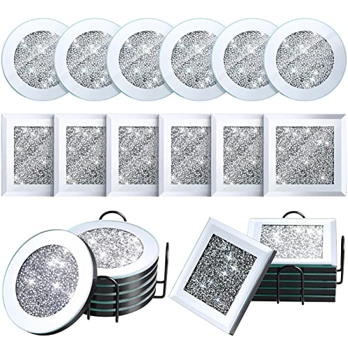 Mimorou 14 Pcs Glass Mirrored Coasters with Holder Set, 12 Round Square Crushed Diamond 4 Inch Bling Crystal Cup Mat 2 Black Decor on Tabletop for Coffee Dining Table