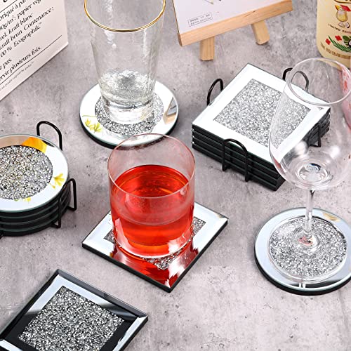 Mimorou 14 Pcs Glass Mirrored Coasters with Holder Set, 12 Round Square Crushed Diamond 4 Inch Bling Crystal Cup Mat 2 Black Decor on Tabletop for Coffee Dining Table