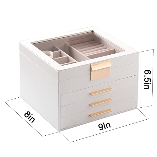 Frebeauty Clear Lid Jewelry Box,4 Layers Jewelry Organizer Large Multi-Functional Jewelry Storage Box with 3 Drawers,Jewelry Display Case of Rings Earrings Necklace Bracelets for Women Girls (White)