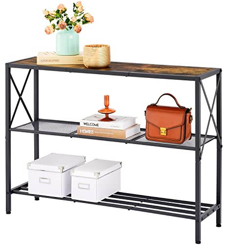 Hoctieon Industrial Console Table, 3 Tier Entryway Table, Hallway Table, Narrow Sofa Table with Shelves, Entrance Table for Entryway, Living Room, Foyer, Hallway, Office, Rustic Brown&Black